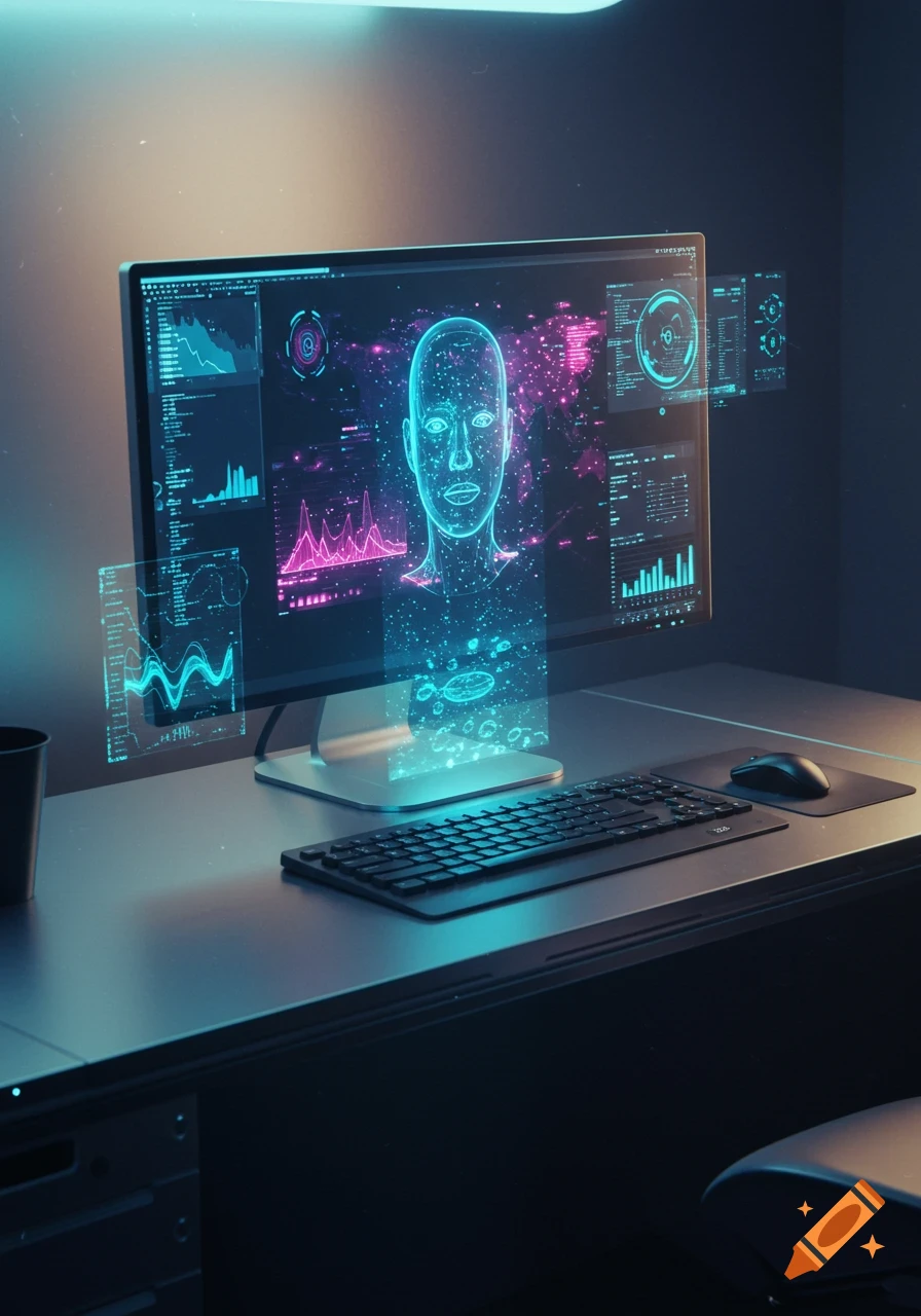 A futuristic computer setup with a monitor displaying a glowing blue ...