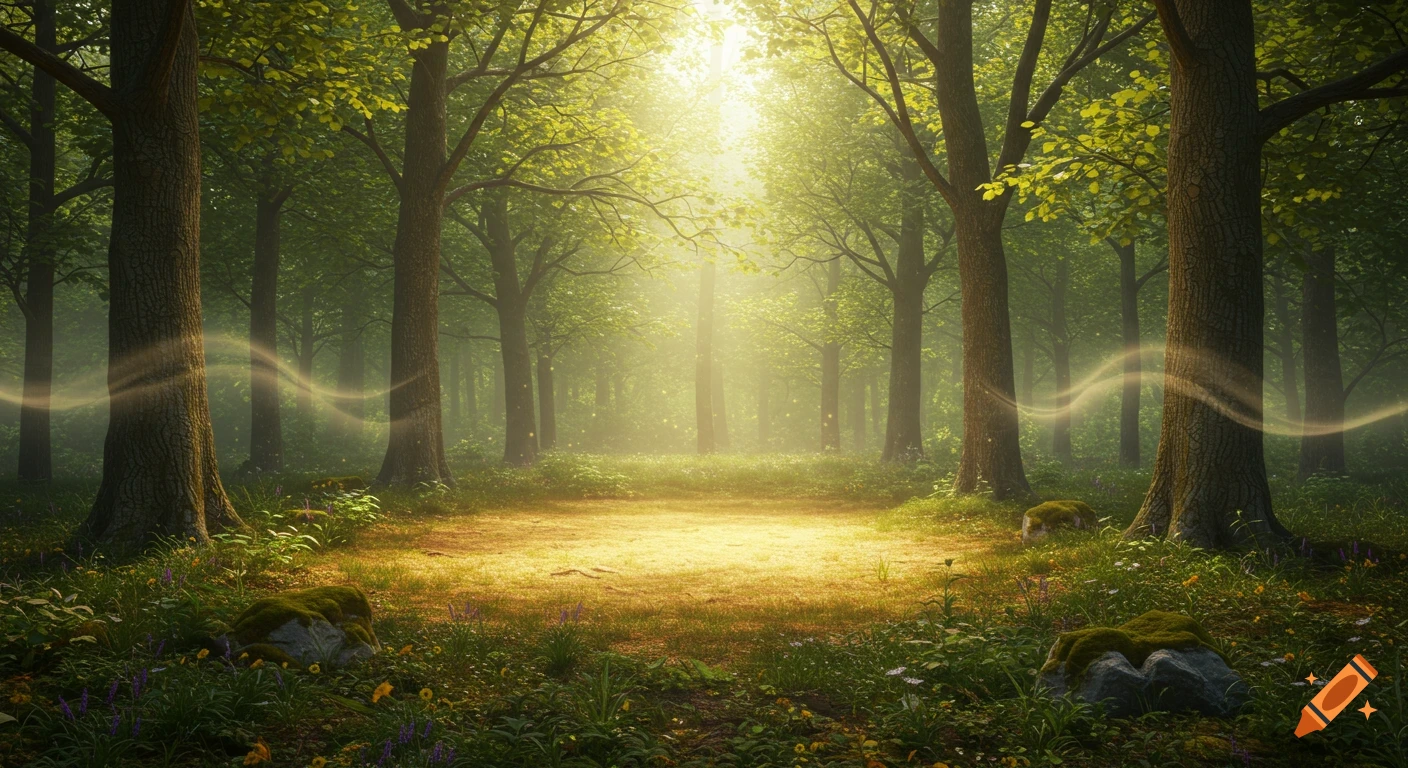 A painterly image of a dense, misty forest with a dirt path winding ...