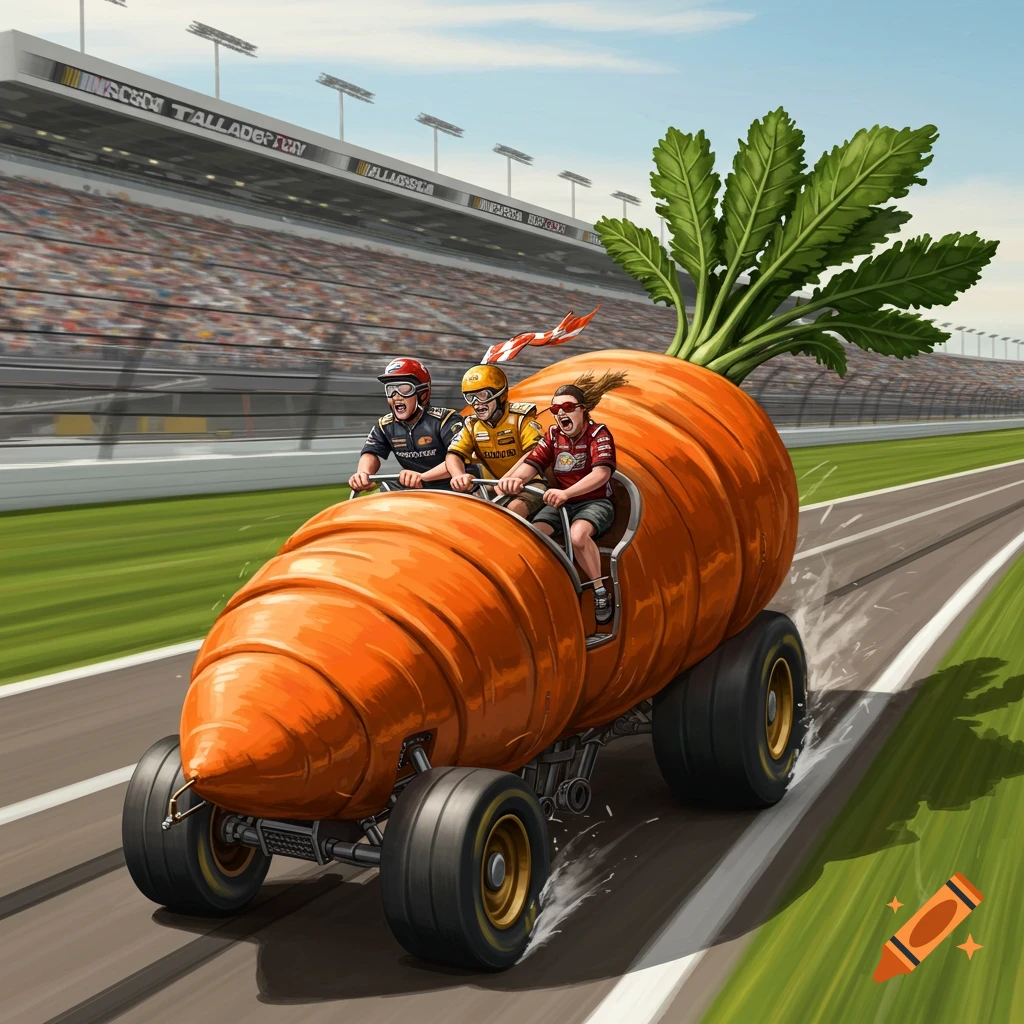 A cartoon illustration shows three people riding a large mechanical ...