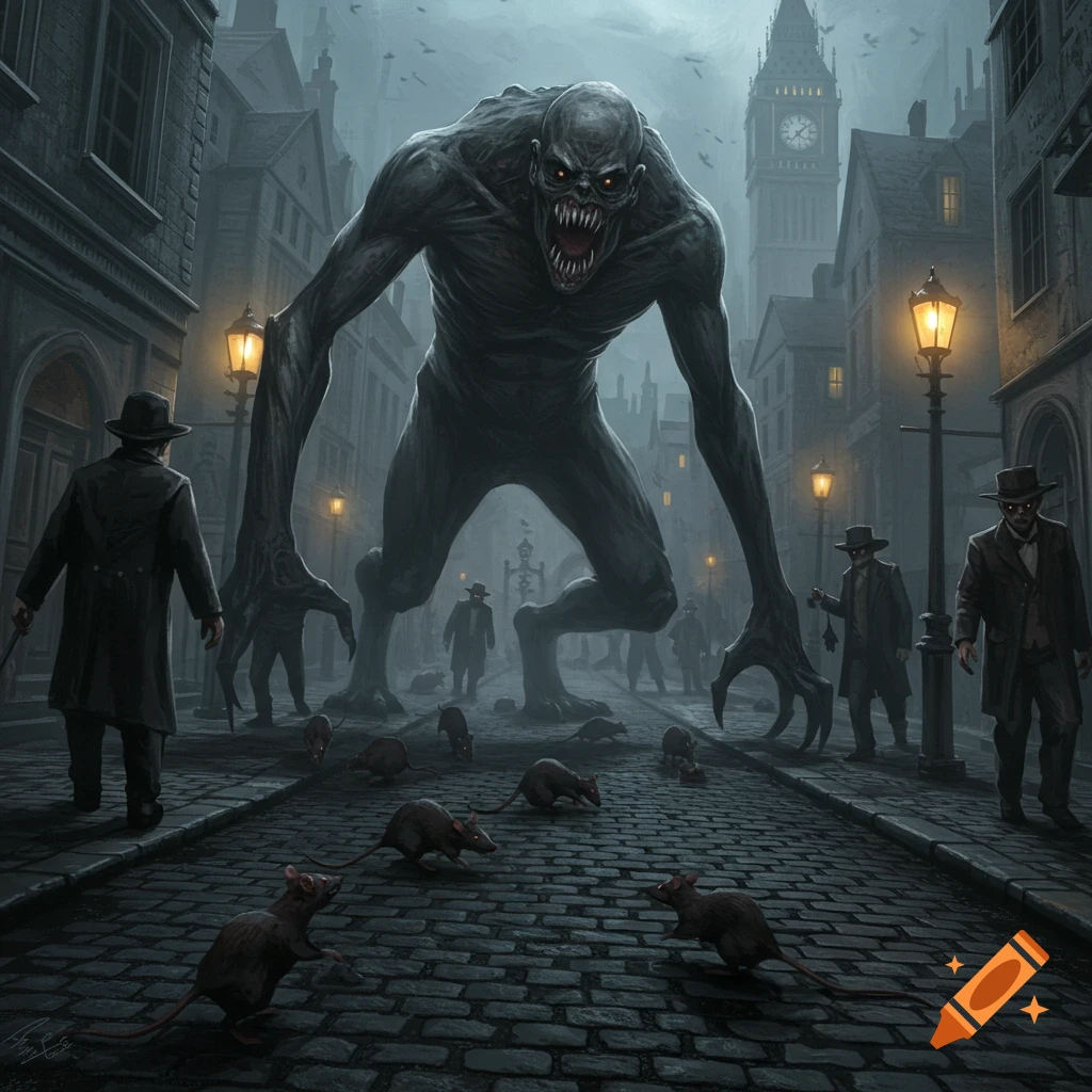 A painting of Godzilla towering over a busy cobblestone street at night ...