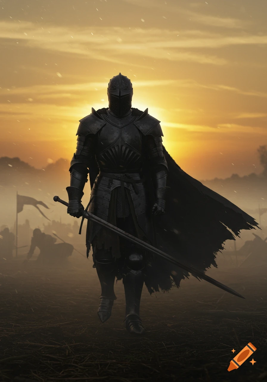 A dark knight in black steel armor walks slowly through a misty ...