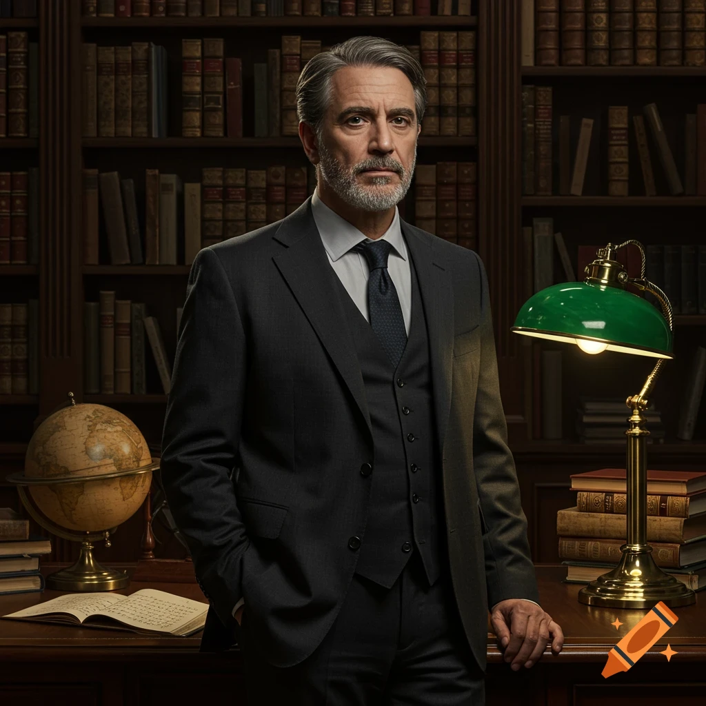 A distinguished man with gray hair and glasses in a pinstripe suit ...