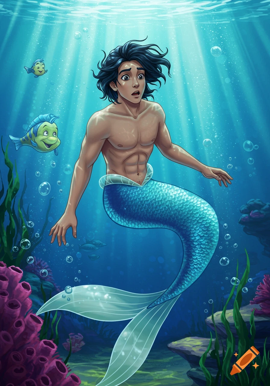 Anime style male merman with white hair and koi tail crying underwater ...