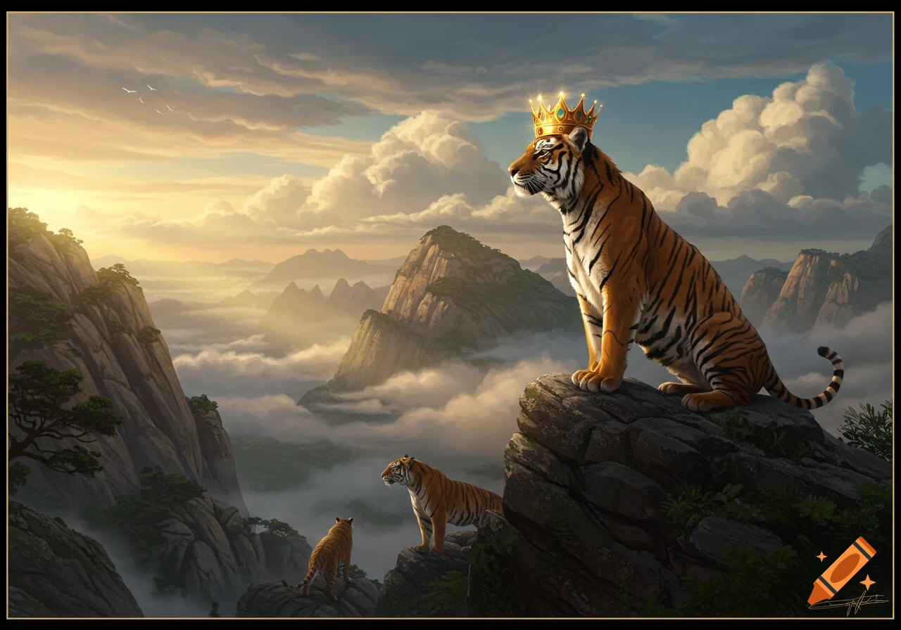 A majestic king tiger with a golden crown sits on a mountain peak ...