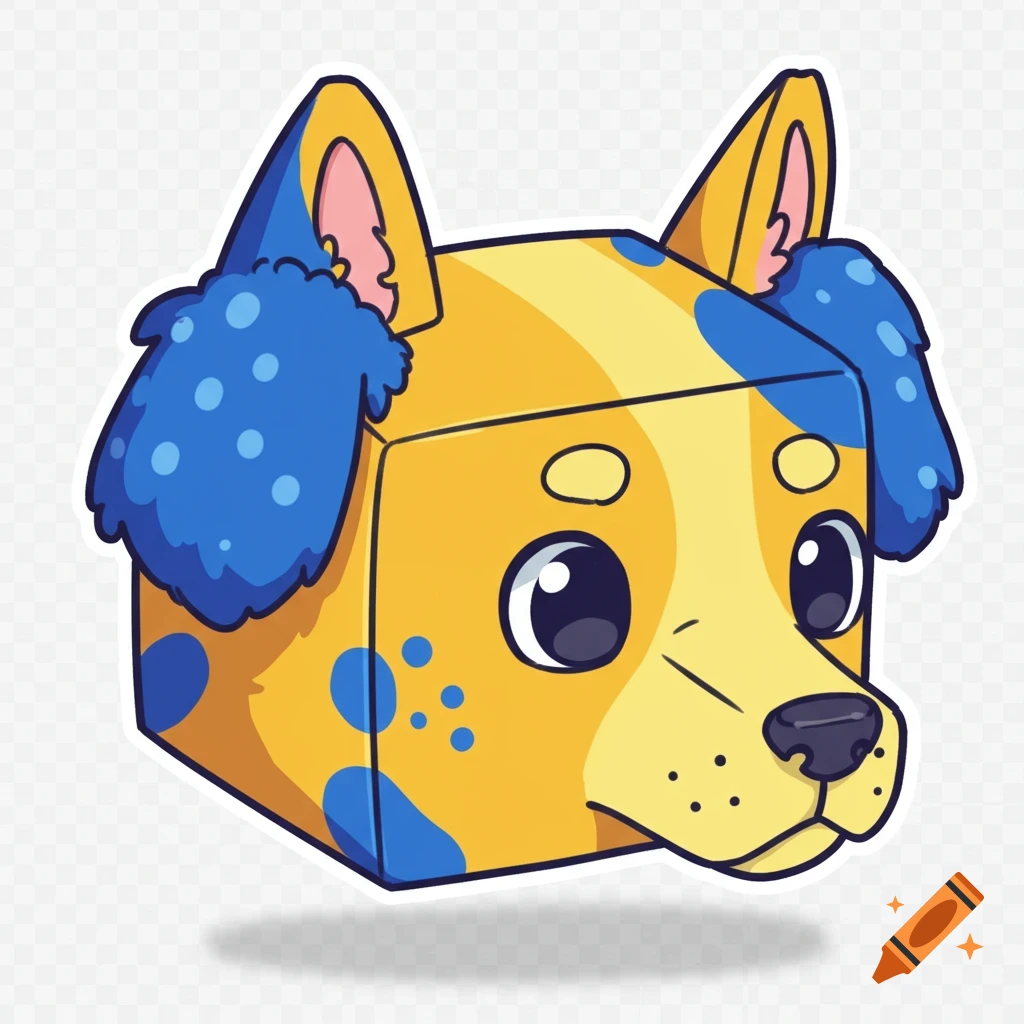 A cartoon dog's head shaped like a yellow cube with blue spots and blue ...