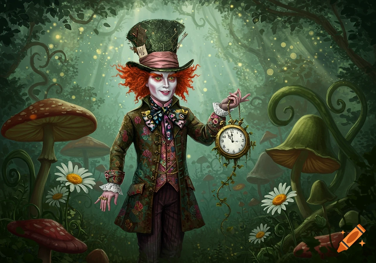The Mad Hatter with red hair and a tall hat, holding a pocket watch in ...