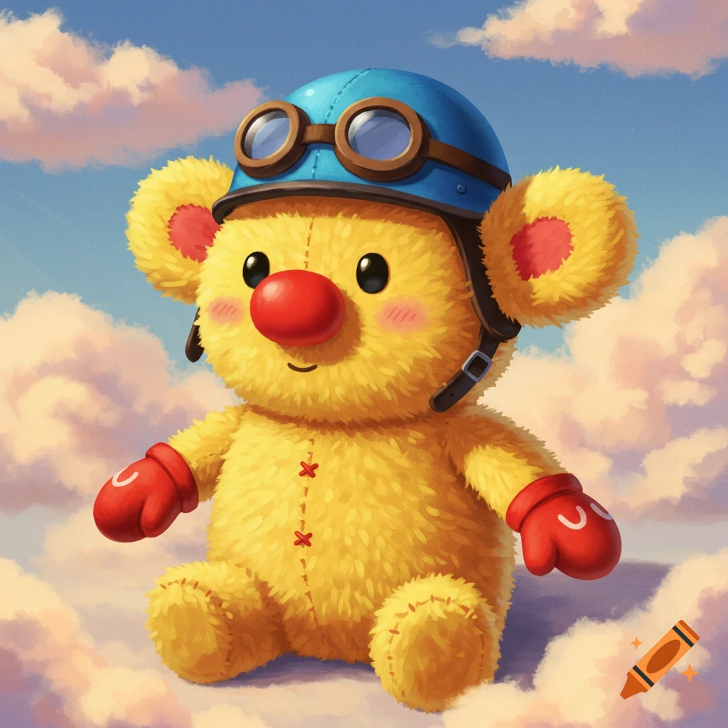 A fluffy yellow cartoon plush doll with a red nose, red gloves, and a ...