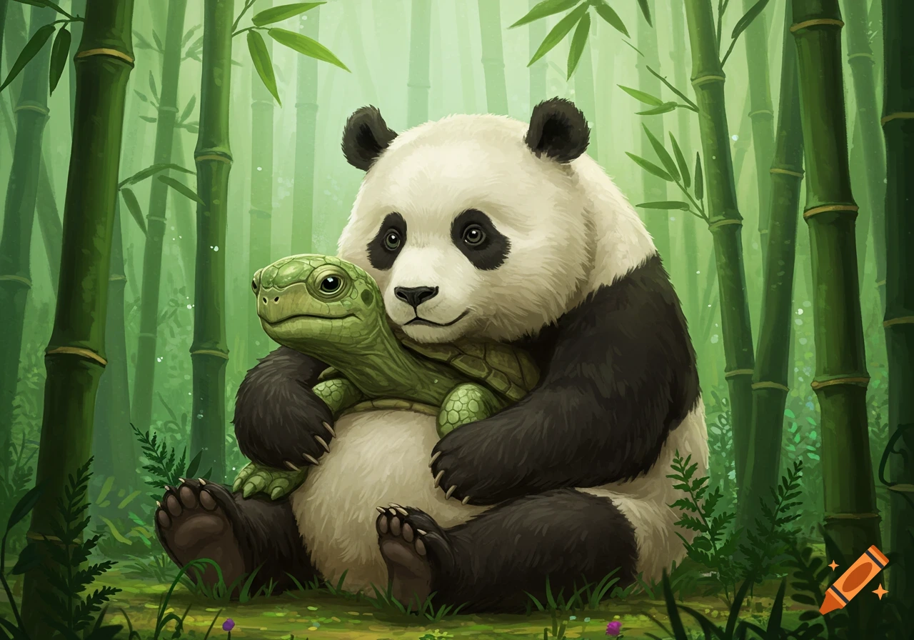 A cute panda sits in a lush bamboo forest, gently hugging a green ...