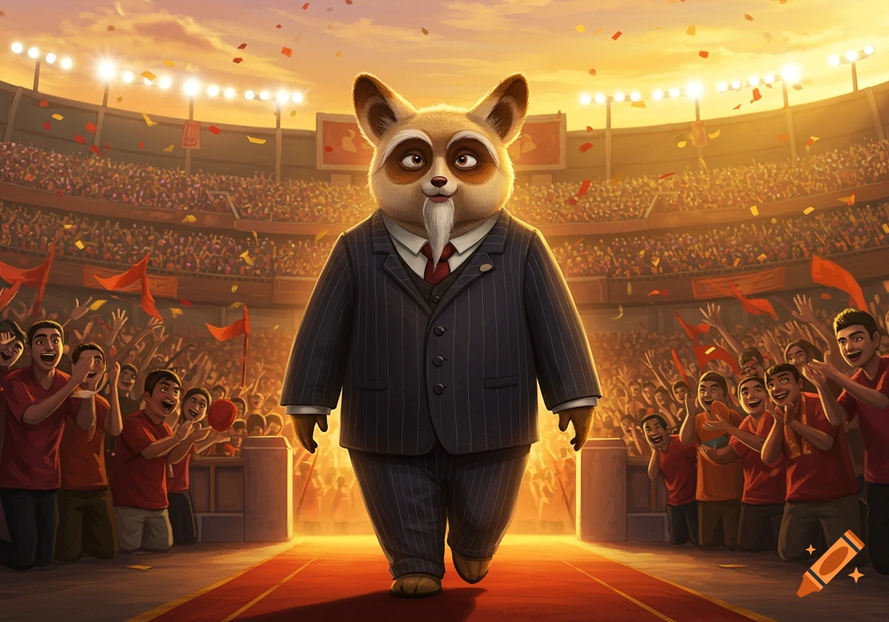 A minimalistic graphic design of a red panda face in front of a large ...