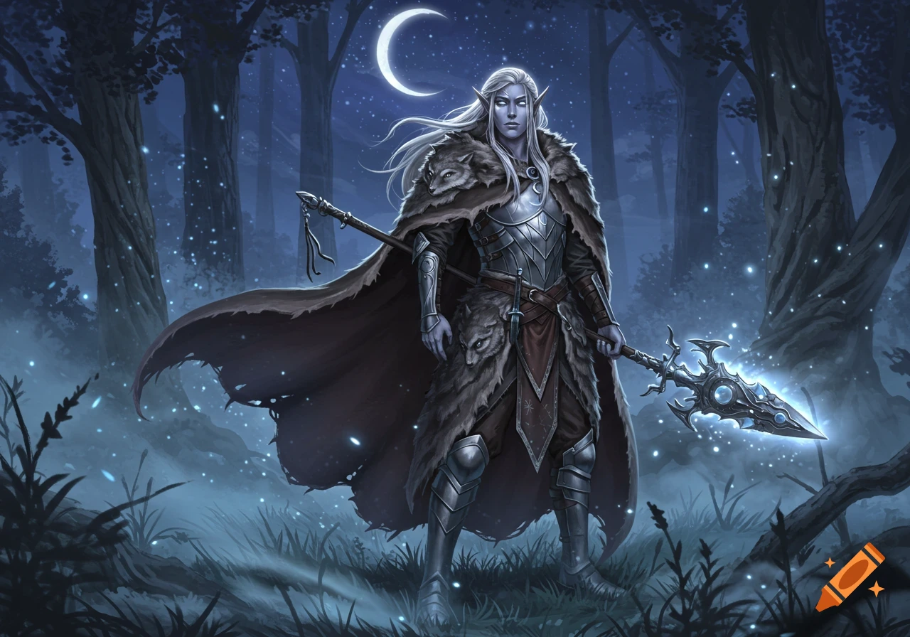 A silver-skinned moon elf in wolf skin cloak and armor holds a glowing ...