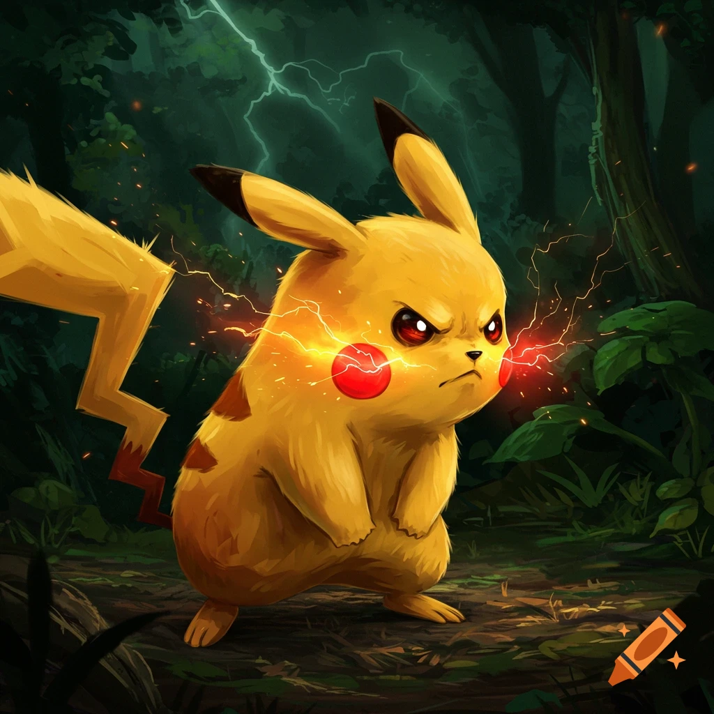 An angry Pikachu with red eyes emits sparks from its cheeks and mouth ...