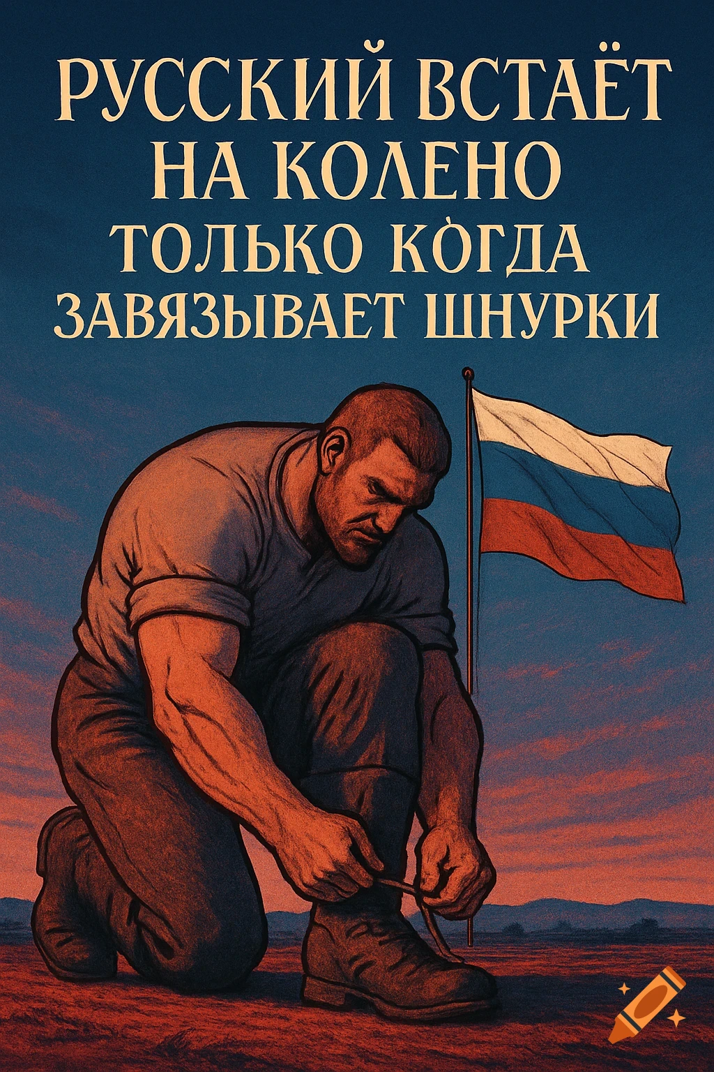Propaganda poster of a strong man tying his shoelaces next to a Russian ...