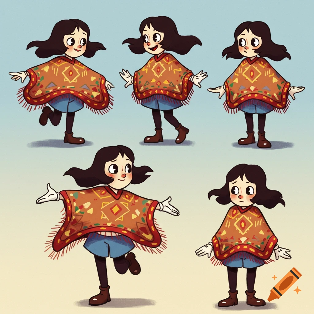 Five cartoon illustrations of a girl with dark hair wearing a patterned ...