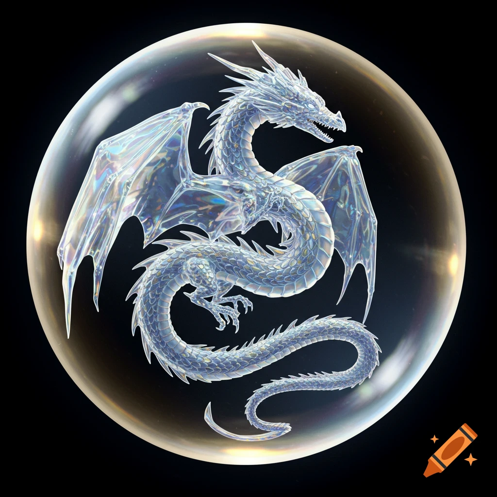A majestic, translucent crystal dragon with iridescent wings and scales ...