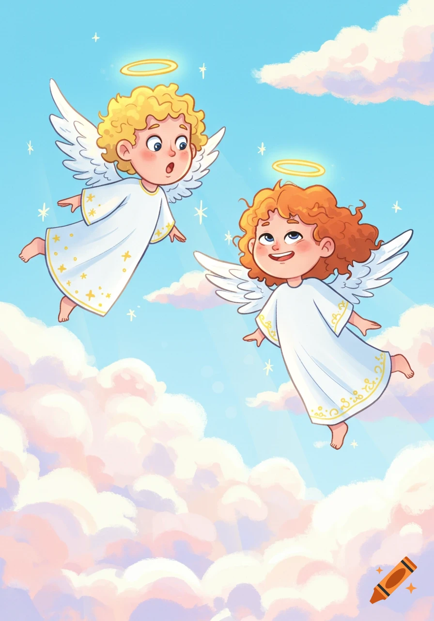 Two cheerful cartoon angels with halos and wings fly amidst fluffy ...