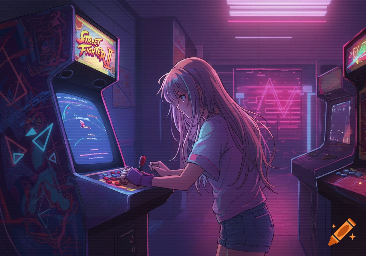 An anime-style person with purple hair plays a Tekken arcade game in a ...