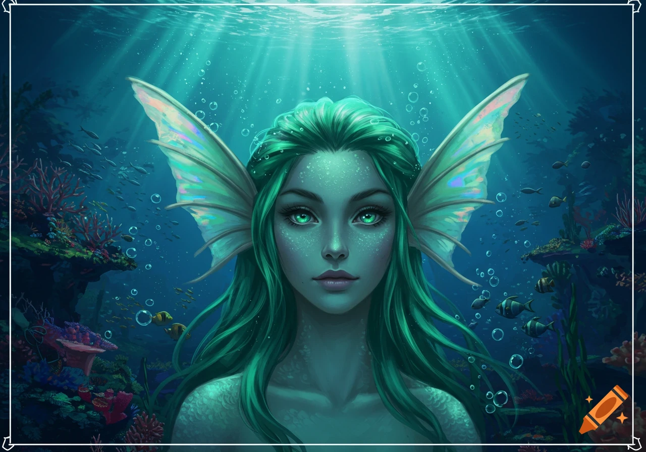 Digital painting of a beautiful mermaid with green hair and glowing ...
