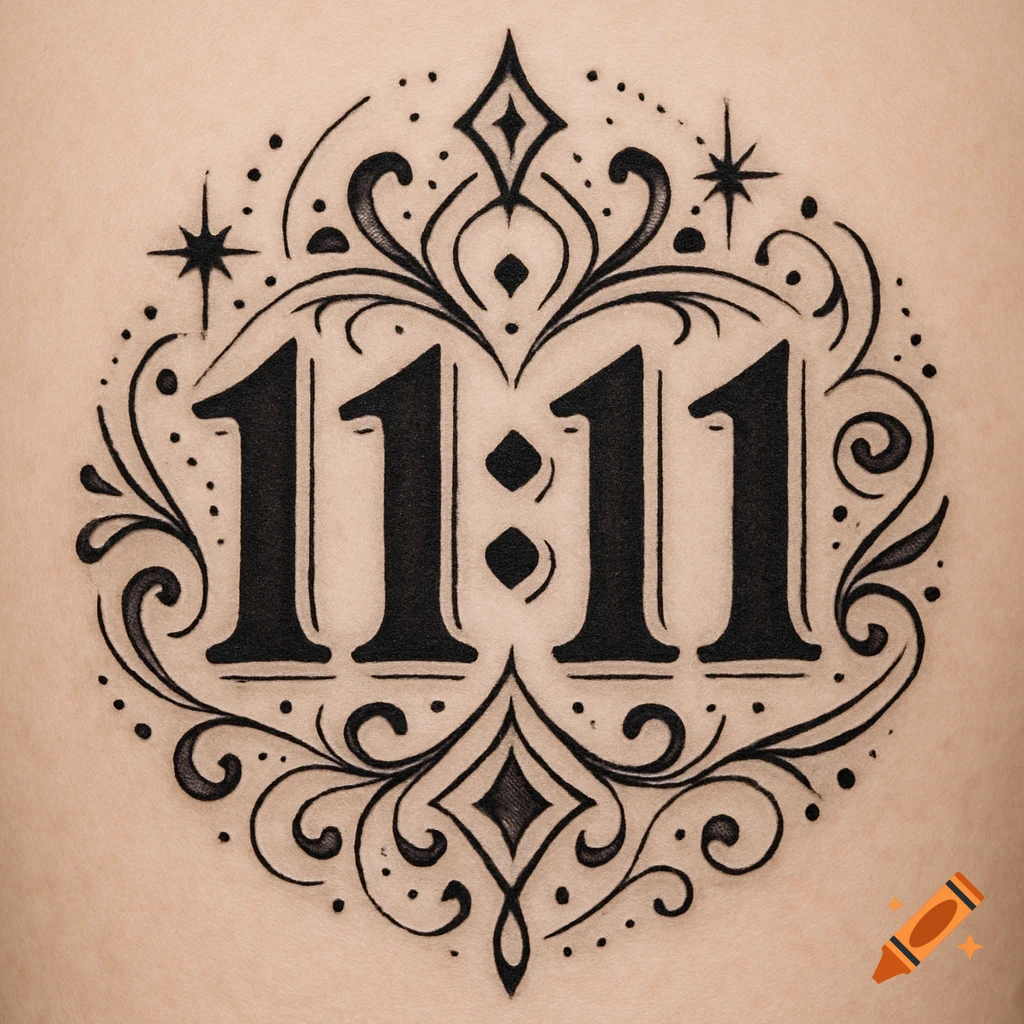 Decorative black tattoo of the numbers 11:11 surrounded by ornate ...