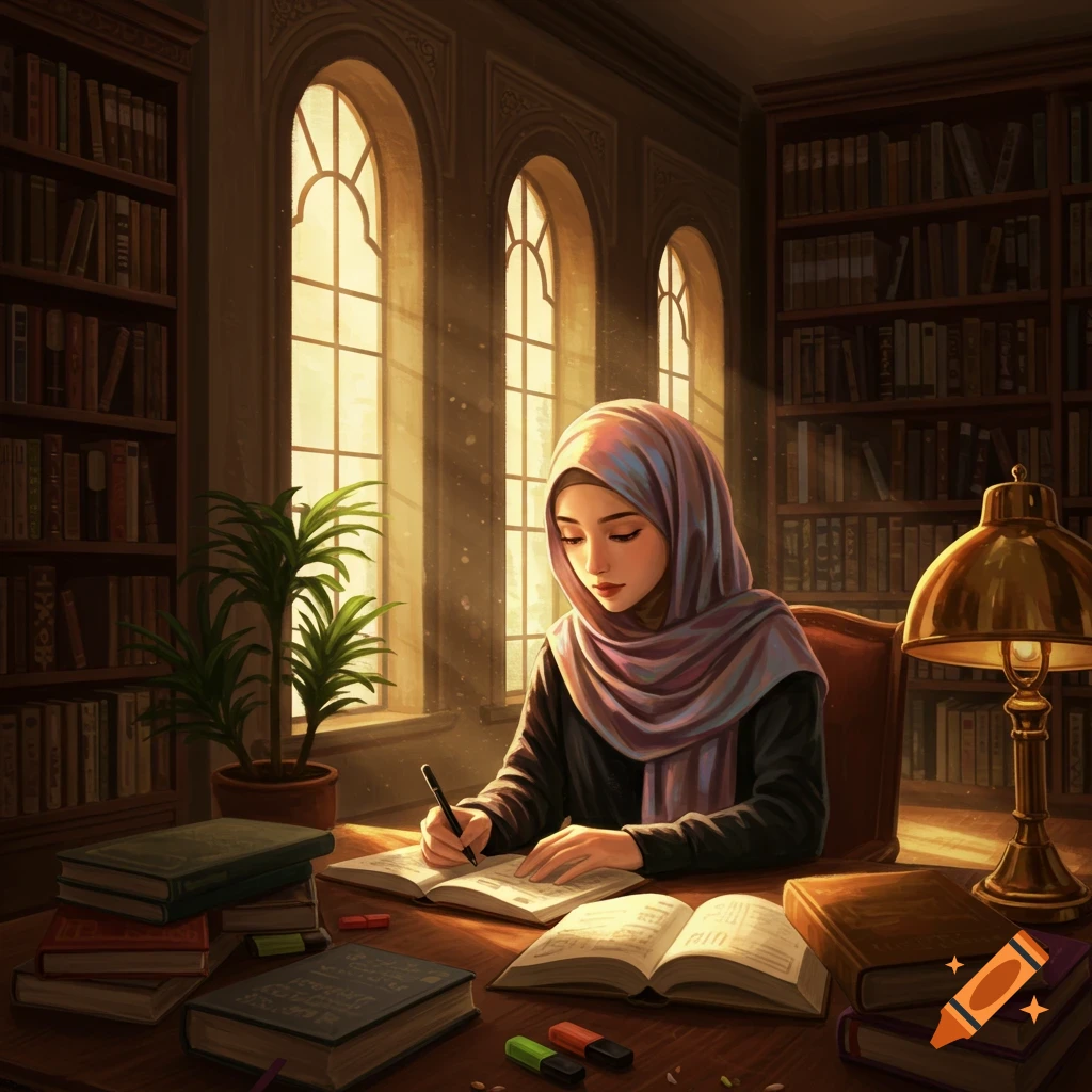 Digital illustration of a Muslim girl in a hijab gazing thoughtfully ...