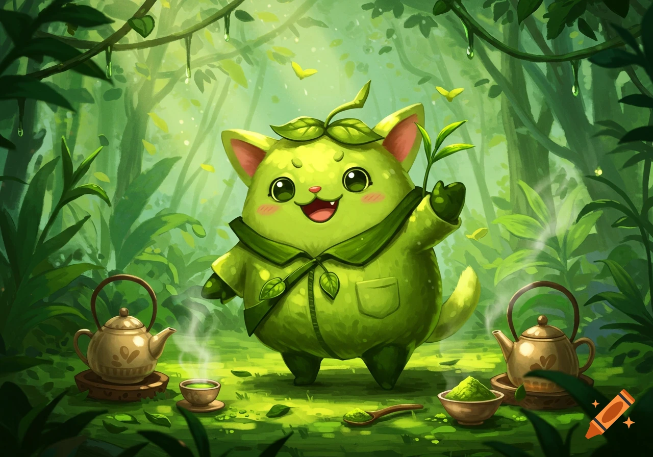 A cute, green, smiling matcha-cat creature with leaves on its head ...