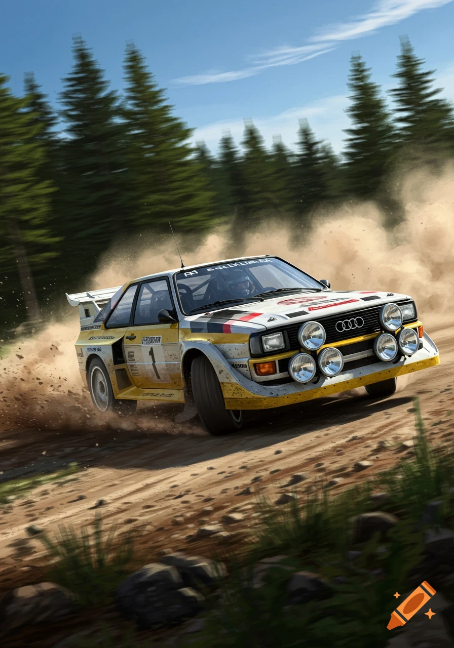 A white and yellow Audi Quattro S1 rally car kicks up dust as it speeds ...