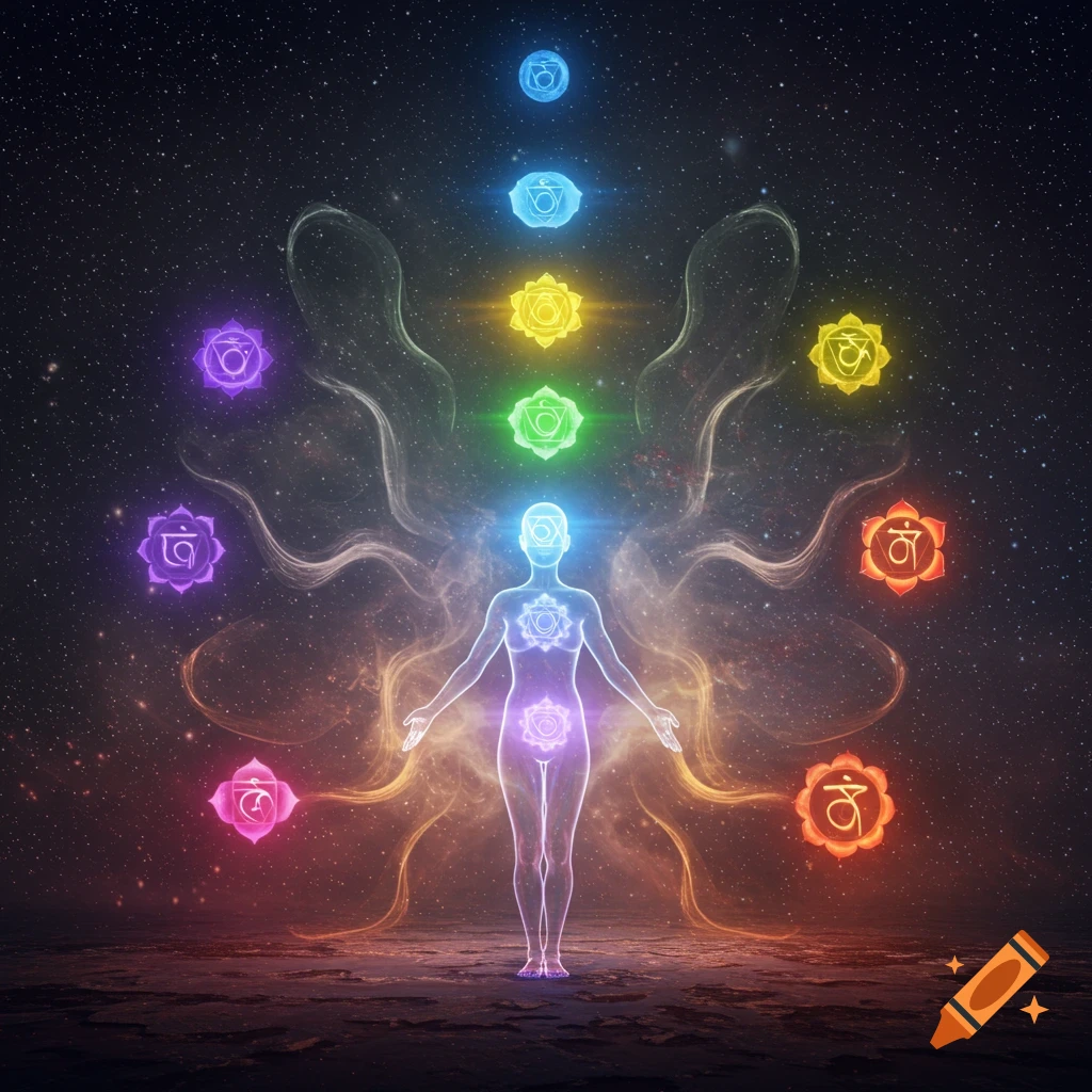 An ethereal glowing human figure with seven colorful chakras aligned ...