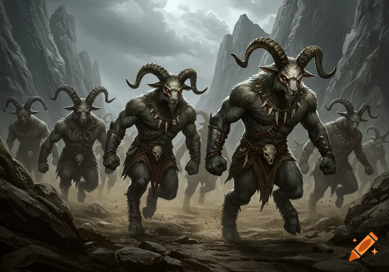 A muscular, battle-scarred satyr warrior with large ram horns, glowing red eyes, and goat legs ...