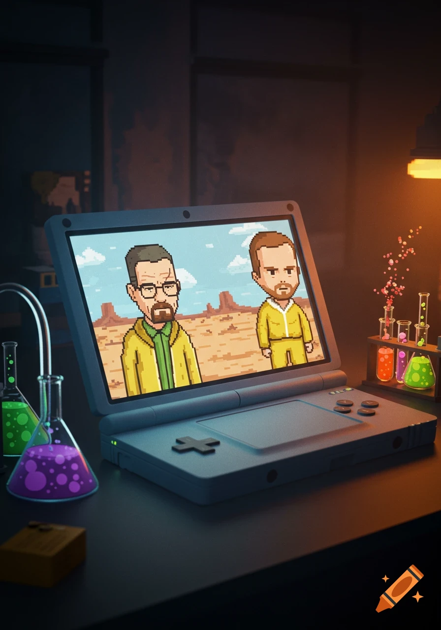 A Nintendo DS console displays pixel art of Walter White and Jesse ...
