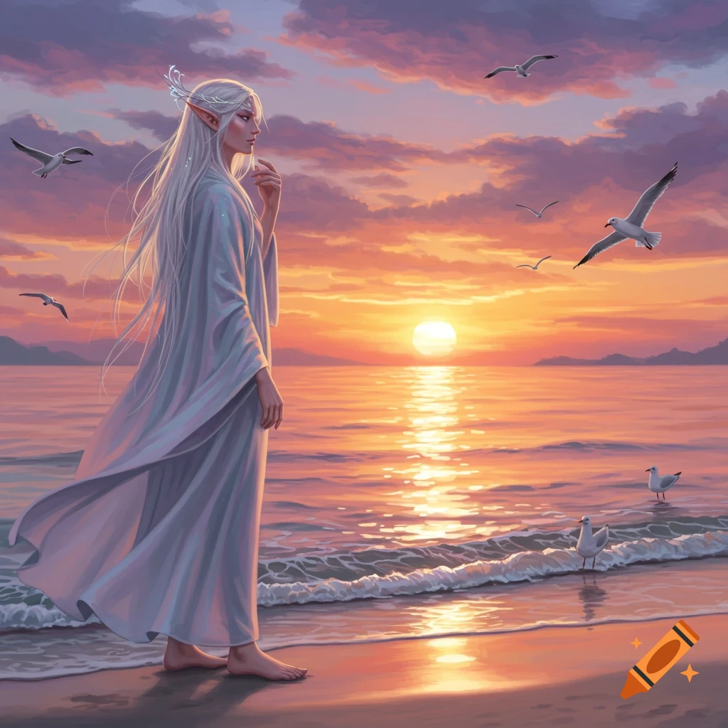 A white-haired elf in a white robe stands on a beach, watching a ...