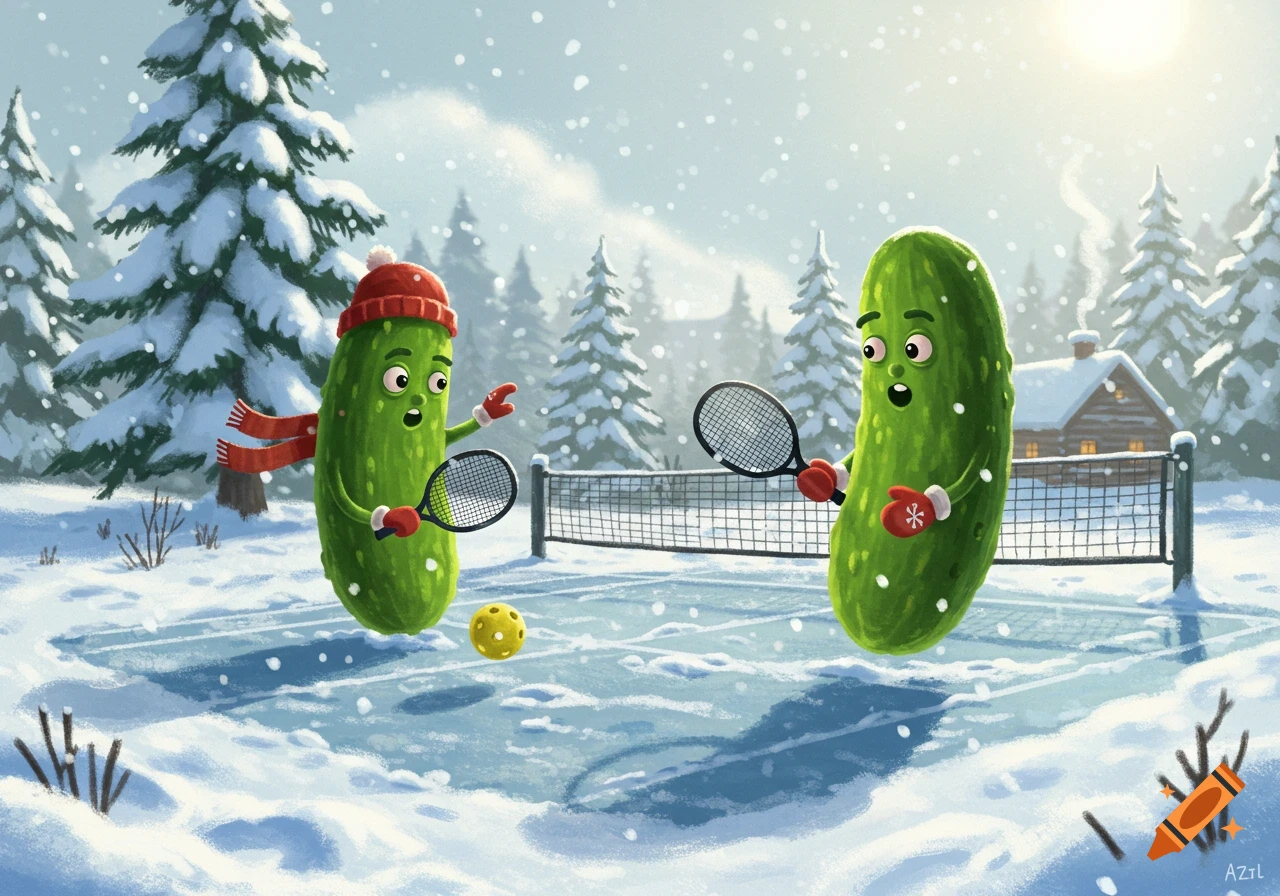 Whimsical illustration of two cartoon pickles in winter gear playing ...