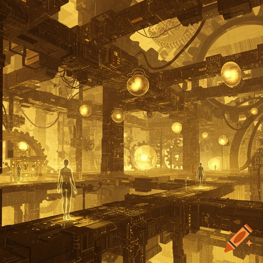 An intricate black and white ink drawing depicts a bustling city-themed ...