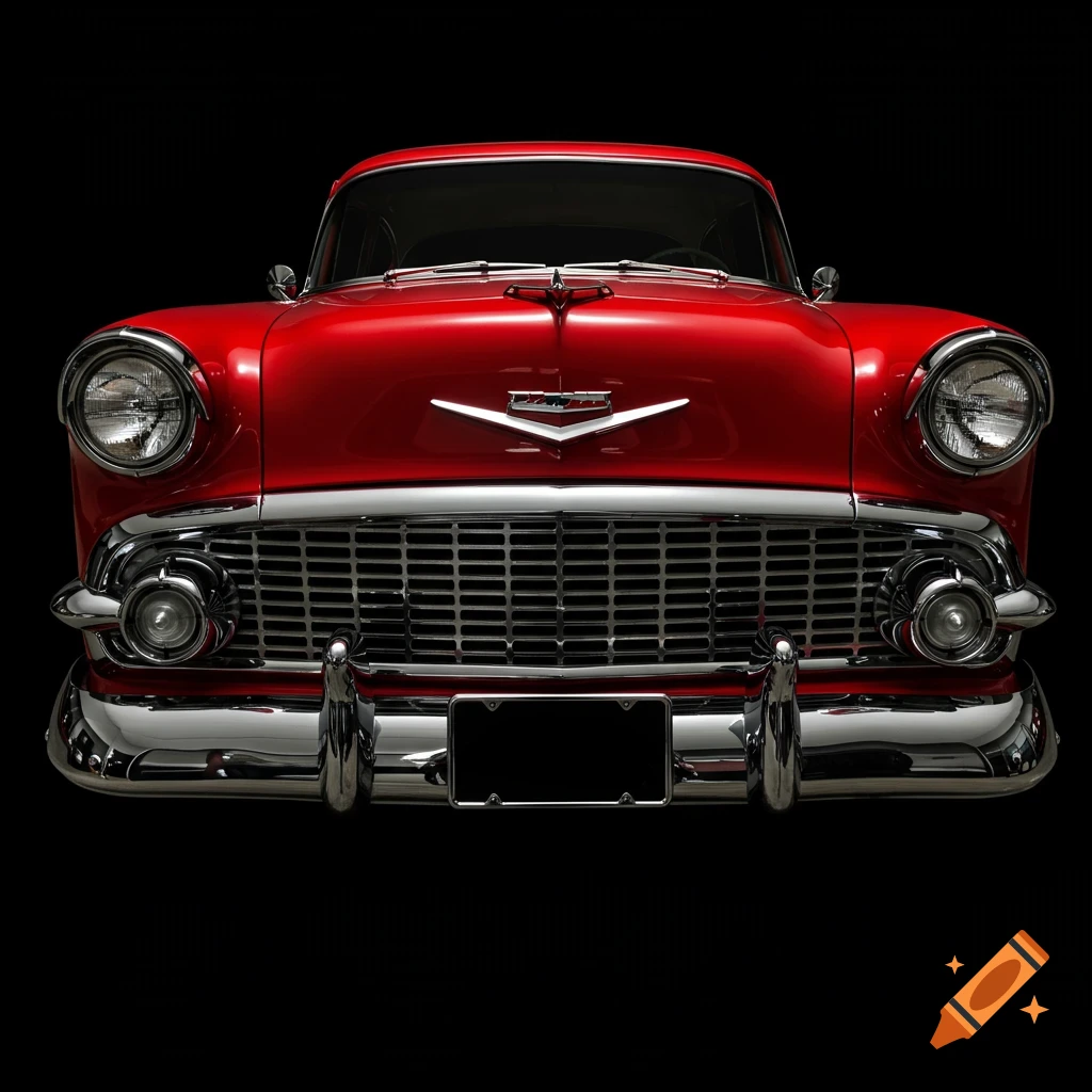 Front view of a shiny red 1950s American classic car on a black ...