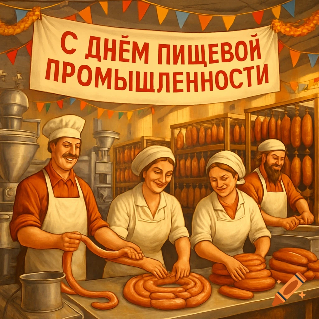 A group of happy workers in a sausage factory under a banner reading ...