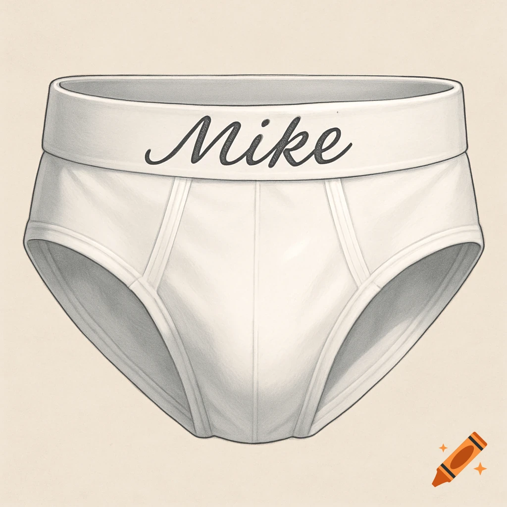A detailed illustration of white briefs with the name 'Mike' written in ...