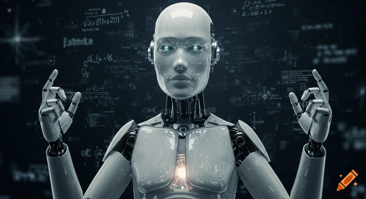 An android in profile plays a synthesizer keyboard against a dark blue ...