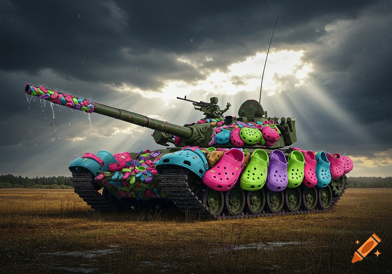A military tank in a field under a stormy sky, covered entirely in ...