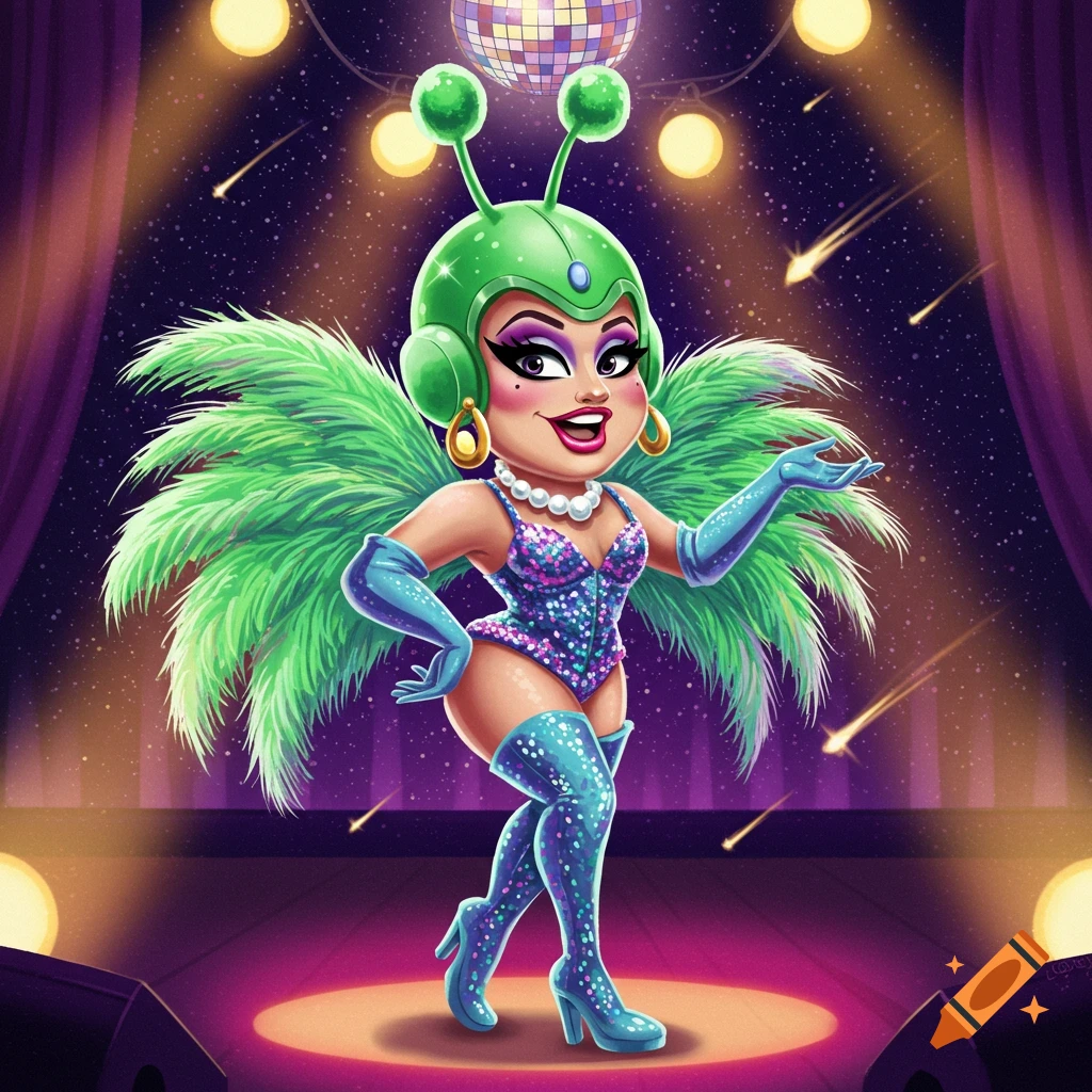 A vibrant cartoon drag queen on a stage, wearing a green alien helmet ...