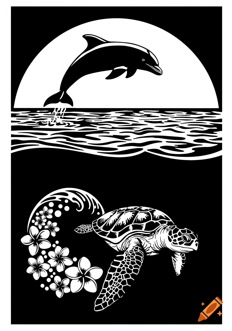 A black and white stencil of a dolphin jumping above ocean waves and a ...