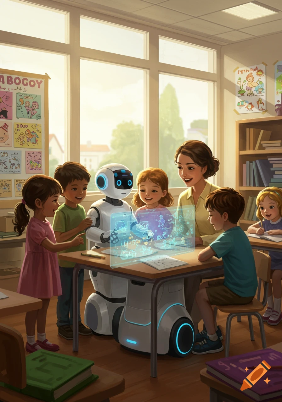 A human teacher and a robot instruct diverse children around a table ...