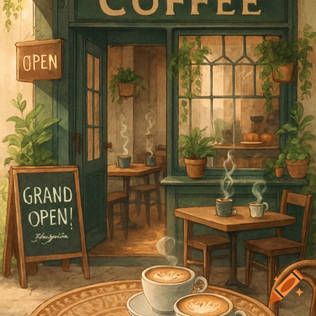 A watercolor painting of the exterior of a cozy coffee shop with an ...