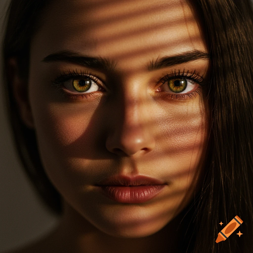 Close-up portrait of a woman's face framed by green leaves, with closed eyes featuring glittery ...
