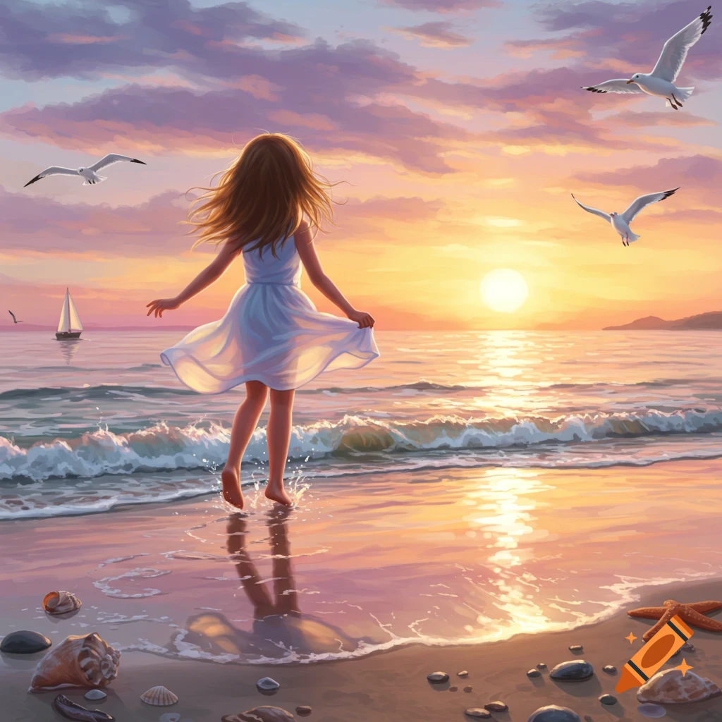 A young boy runs joyfully through shallow ocean water on a beach at ...