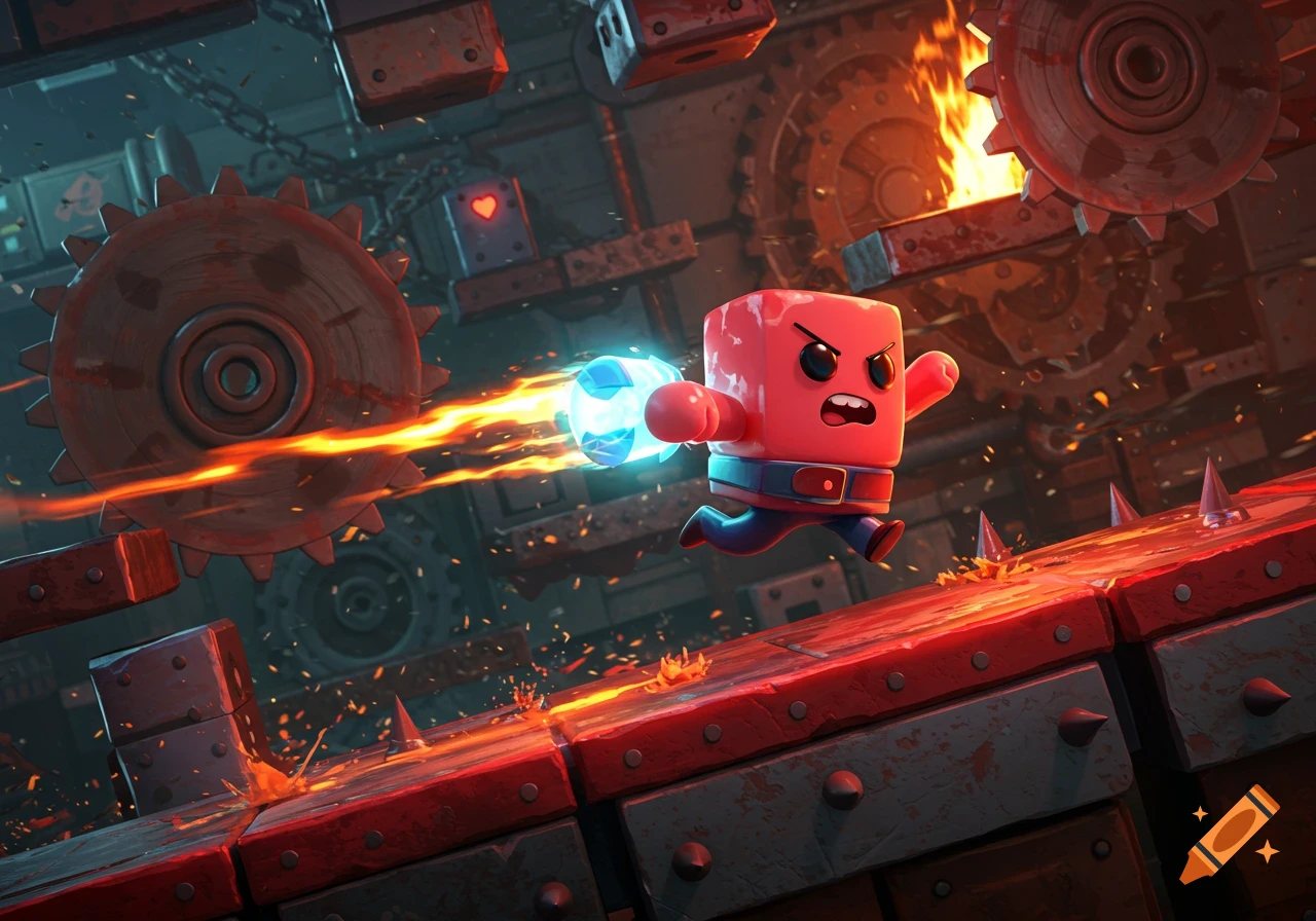 A red square character with angry eyes runs past spinning saw blades ...