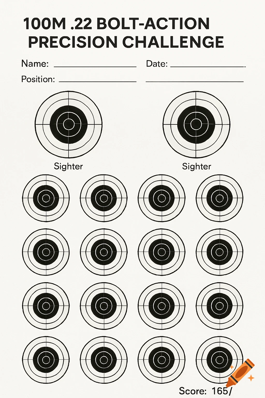 Black and white shooting target sheet template with title, name, date ...