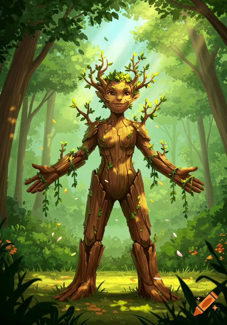 A friendly tree person with leafy branches and bark skin stands in a ...