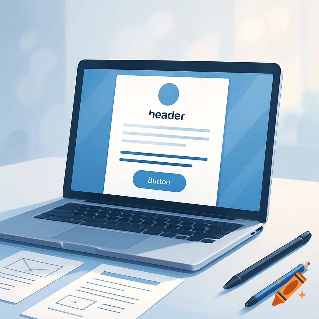 A laptop on a desk displaying an email template with a header and ...