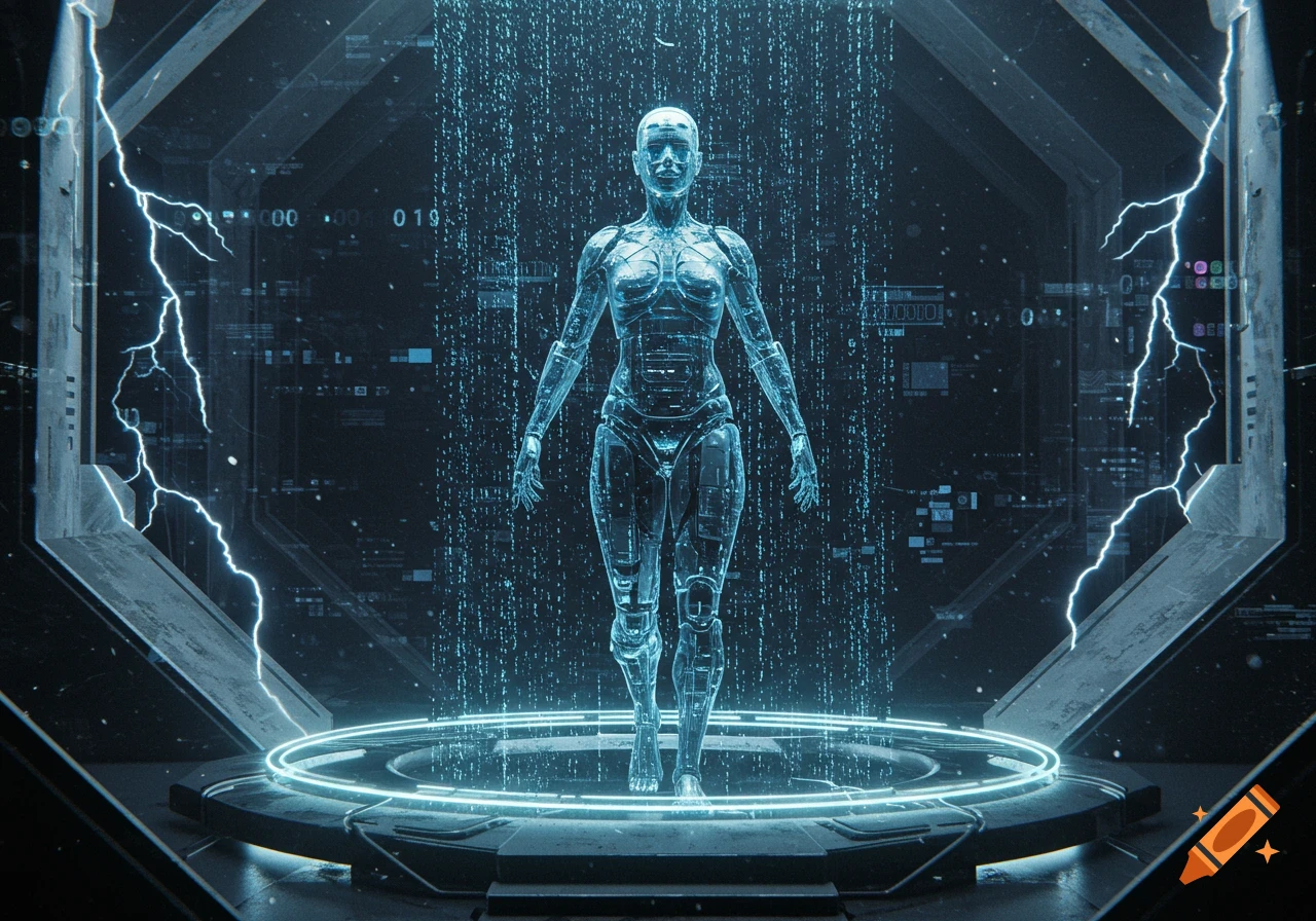 A photorealistic female cyborg with eyes closed, wearing a matte silver ...