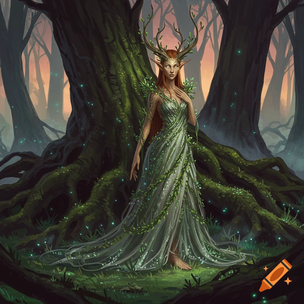 A red-haired dryad with antlers and pointed ears stands in a mystical ...