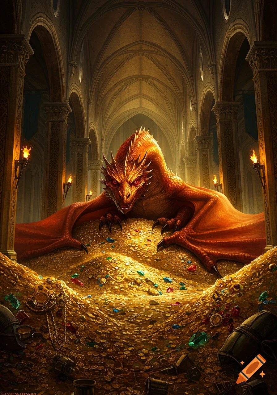 A massive, red-orange dragon with glowing eyes lies atop a mountain of ...