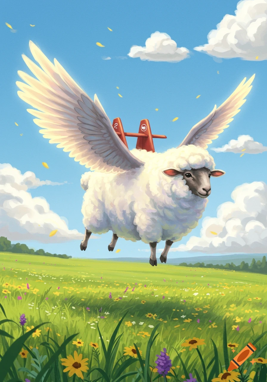 A boy sits playing a golden harp in a green, flower-filled pasture with ...